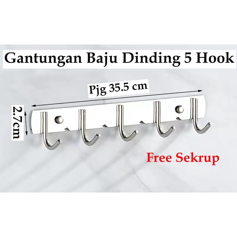 Jual Gantung Baju Dinding Besi 5 Kuping Hook Gantung Baju Tempel ...