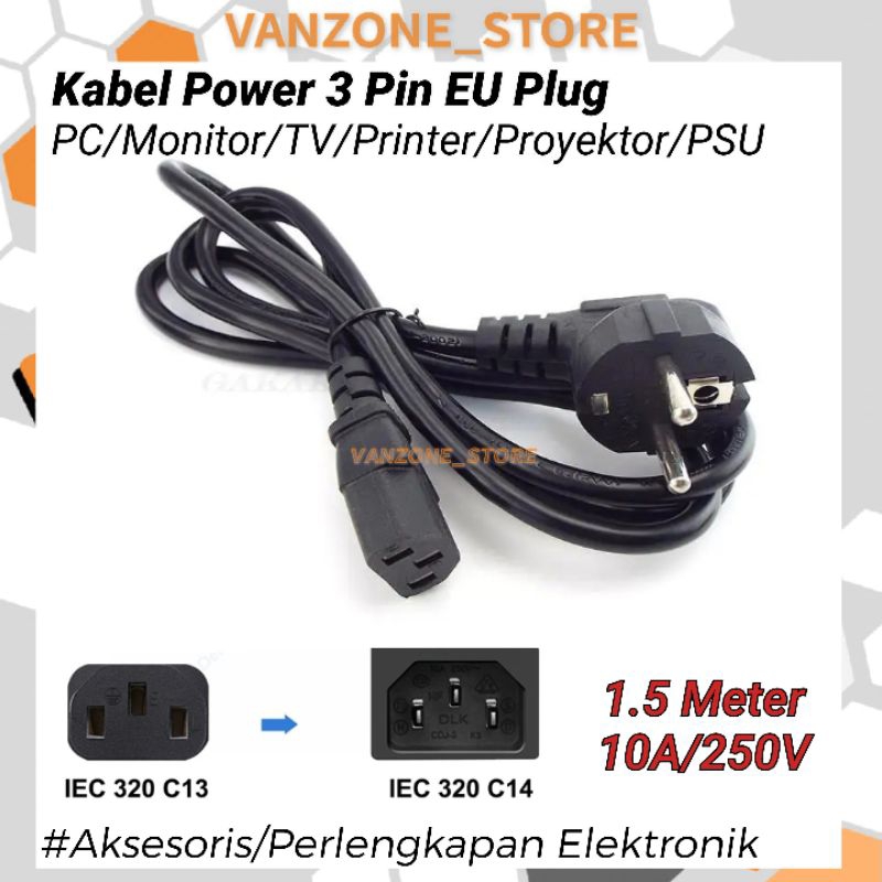 Jual Kabel Power 3 Pin EU Plug 10A 250V PC Komputer Monitor TV ...