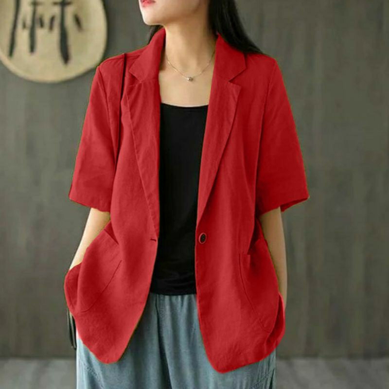 Jual Blazer Lengan Pendek Jumbo Wanita Linen Ld 100cm sampai 140cm ...