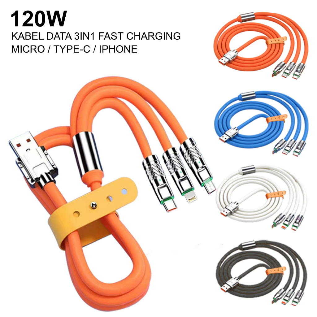 Jual KABEL DATA 120W 3 IN 1 FAST CHARGING KABEL DATA SILIKON 3IN1 1.2M MICRO TYPE-C IPHONE ...
