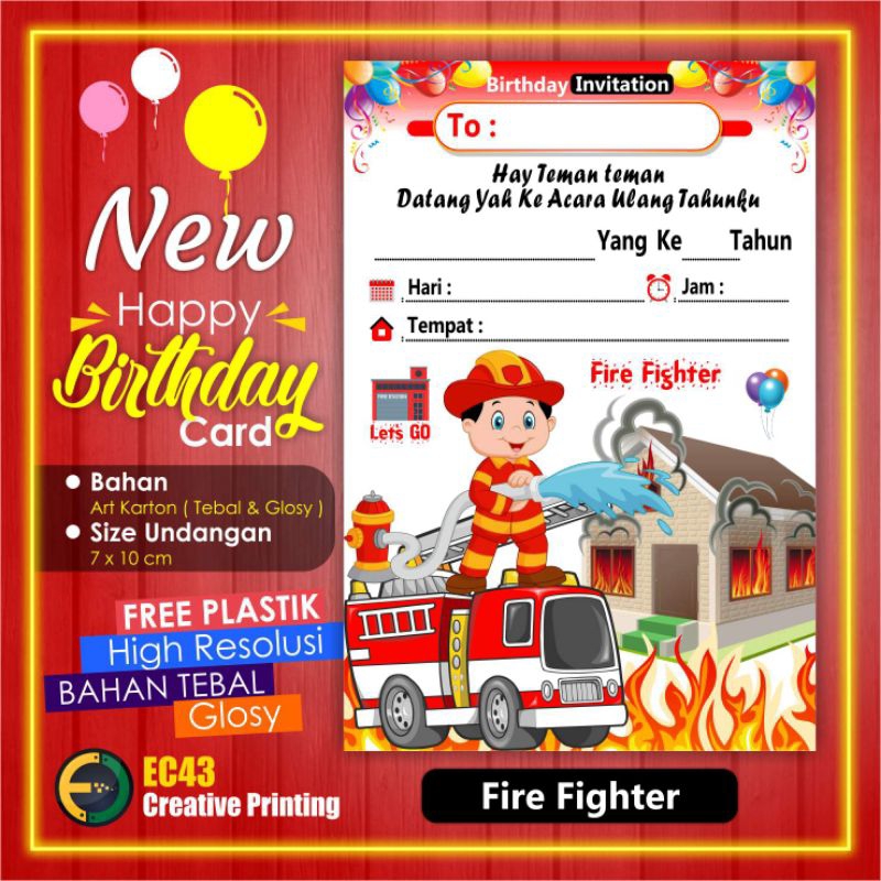 Jual Undangan Ultah Tema Pemadam | Fire Fighter | FREE PLASTIK Opp Seal ...