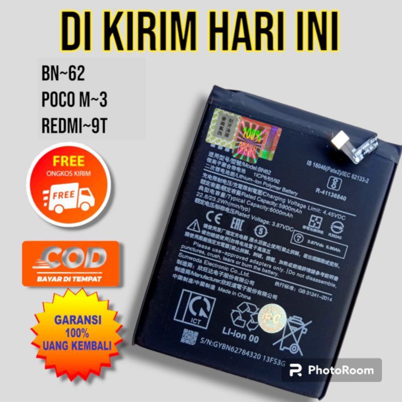 Jual baterai original BN 62 bn62 bn-62 redmi 9t 9T poc0phone m3 mi ...