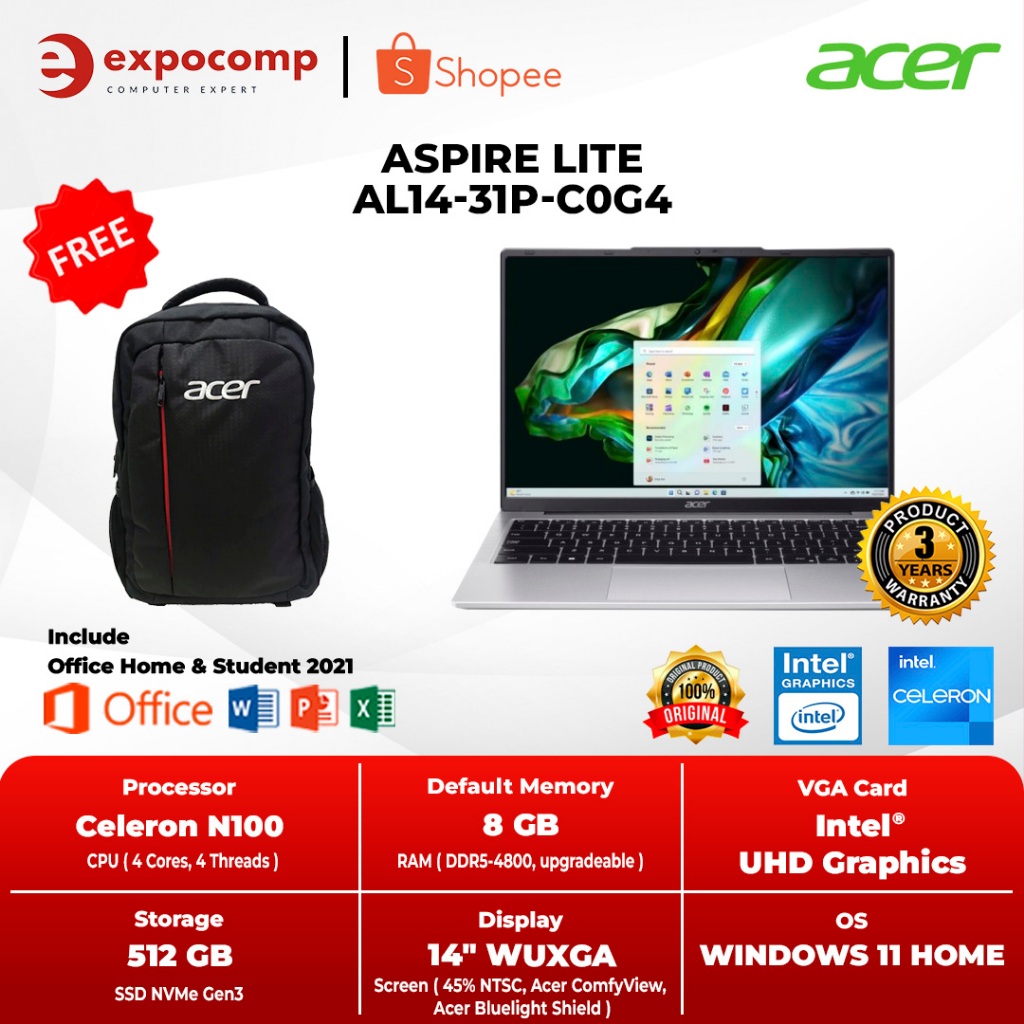 Jual ACER ASPIRE LITE AL14-31P-C0G4/ AL14-31P-C6DD SILVER N100 8GB 512GB WIN11+OHS 2021 | Shopee ...