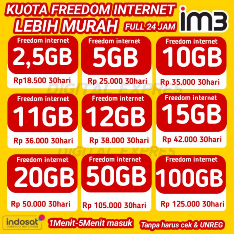 Jual Promo Paket Data Indosat Fredoom internet Full 24Jam 30 Hari ...