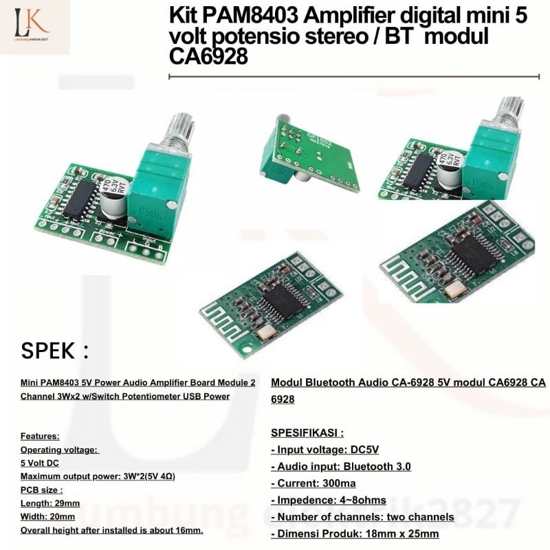 Jual Kit PAM8403 Amplifier digital mini 5 volt potensio stereo / BT ...