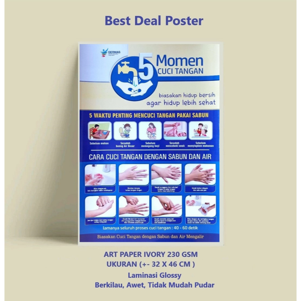 Jual Poster Cuci Tangan Poster 5 Momen Cuci Tangan Untuk Rumah Tangga Poster Cara Cuci