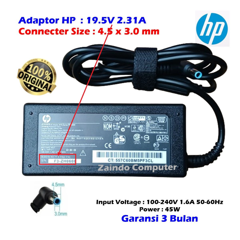 Jual ORIGINAL ADAPTOR HP 19.5V 2.31A PIN 4.5x3.0mm HP CHROMEBOOK HP PAVILION 15 HP 15 HP 15Z HP ...