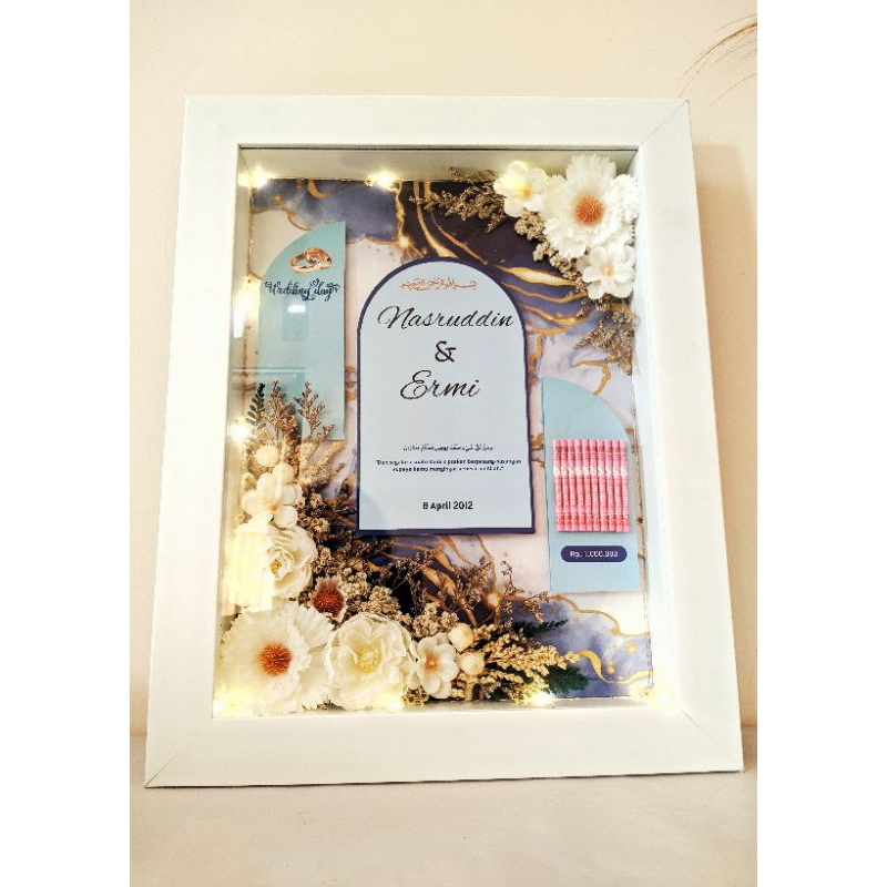 Jual Mahar nikah rustic bunga kering frame putih dengan lampu murah ...