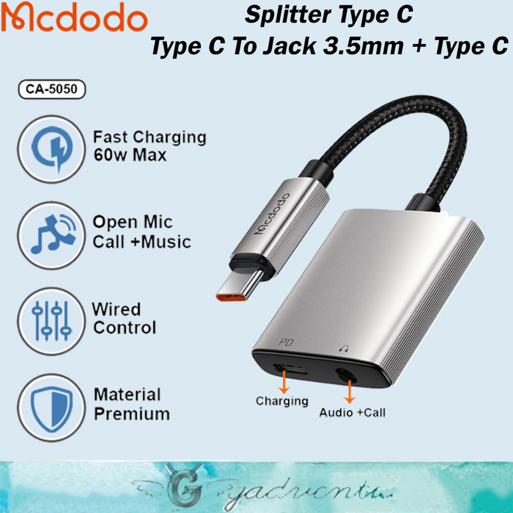 Jual Mcdodo Splitter Type C To Jack 3.5mm / 2 Port USB C 2in1 3.5MM ...