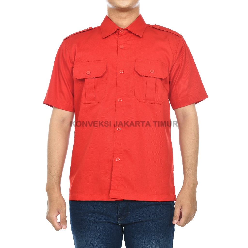 Jual Baju Kemeja PDL Merah Lengan Pendek Pria Wanita - Seragam Pakaian ...