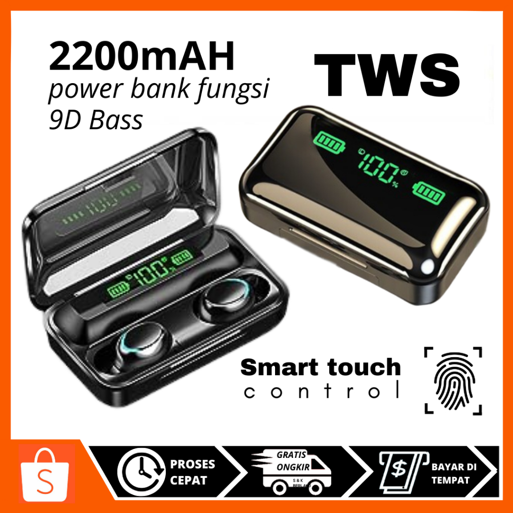 Jual TWS Headset Bluetooth F9-5 LED Smart Display With Powerbank 2200 mAh headset Sport TWS F9 ...