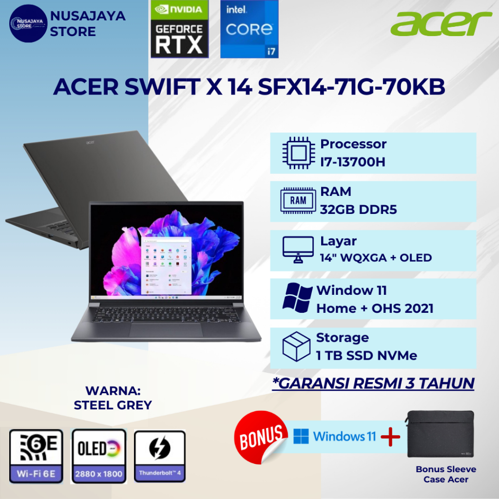 Jual ACER Swift X 14 SFX14-71G i7-13700H 32G 1TB RTX4050 14.5" OLED W11 ...