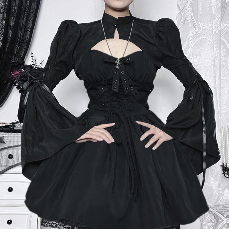 Jual Goth Flare Sleeve Crop Smock Women Harajuku Shrug Stand Collar ...