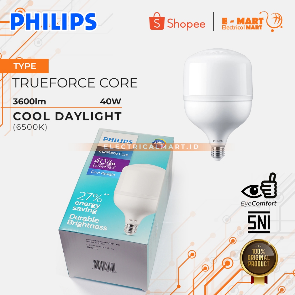 Jual PHILIPS TrueForce Core LED Bulb Fitting E27 40W Warna Putih 6500K | Shopee Indonesia