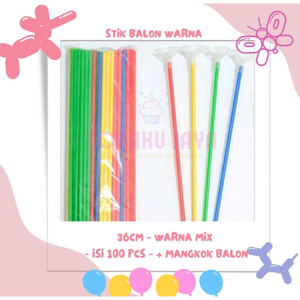 Jual Stik Balon + Cup Warna Mix Isi 100 Pcs / Gagang Balon + Cup Warna ...