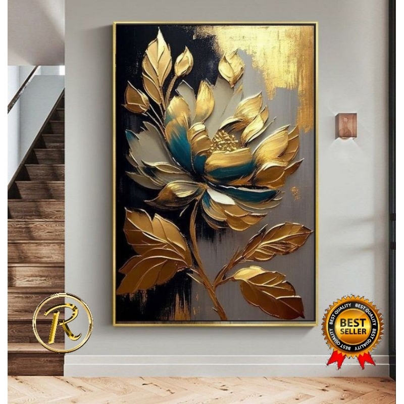 Jual Lukisan Bunga Modern gold//Hiasan dinding modern plus Frame ...