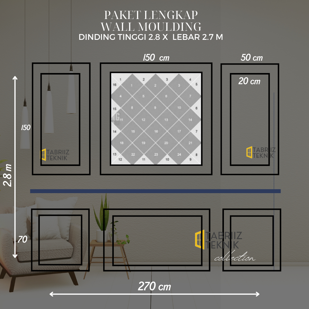 Jual Wall Moulding Kayu 2.8 x 2.7 m – Cermin Tengah, Cocok untuk ...