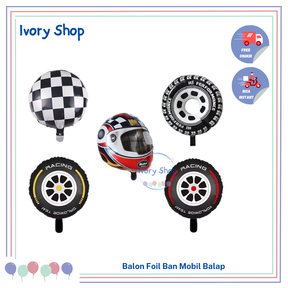 Jual Balon Foil Ban Mobil Balap Racing Hitam Putih Roda Kotak Cars Helm ...