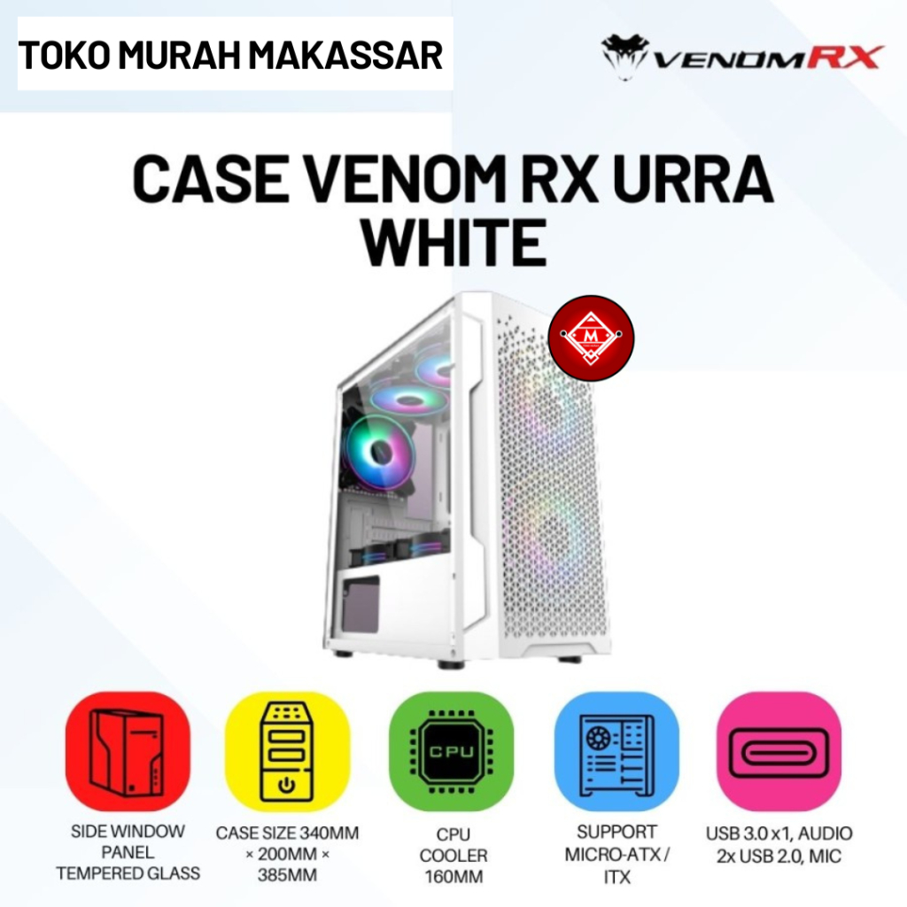 Jual CASING PC VENOM RX URRA WHITE M-ATX+2 FAN ARGB TEMPERED / CASE28 ...