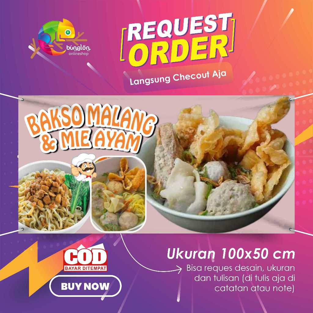 Jual Spanduk 100x50 Banner Bakso Malang Mie Ayam Custom Desain | Shopee ...