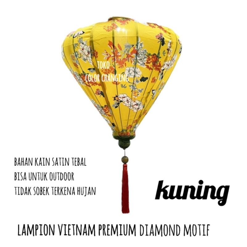 Jual lampion vietnam diamond L KUNING corak bunga kain satin outdoor ...