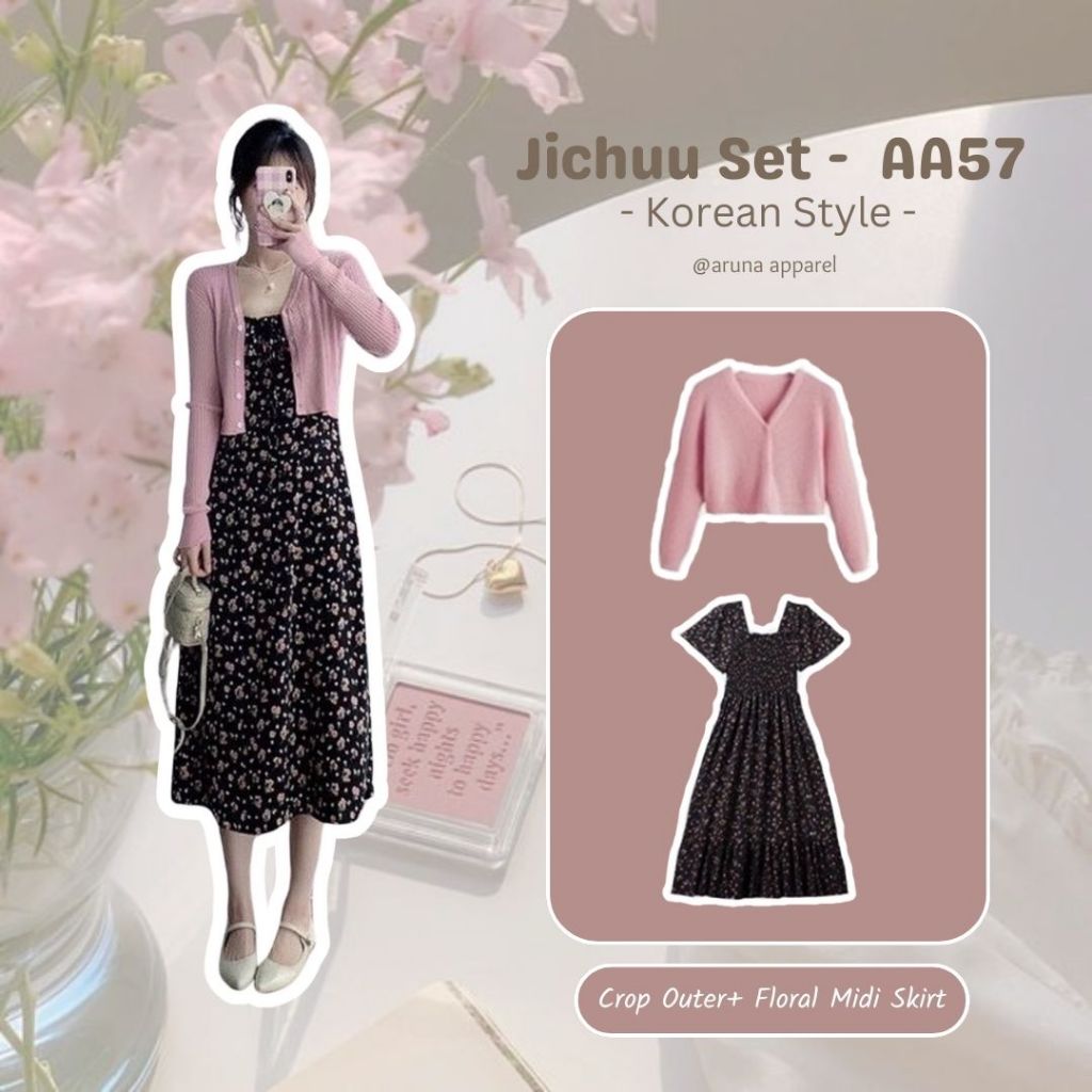 Jual Set - AA57 Jichu One Set OOTD Korean Style One Set Midi dress ...