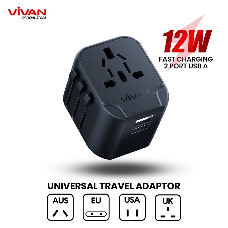 Jual VIVAN Travel Adaptor 12W VPS-T002A Black Dual USB A Multi-country ...
