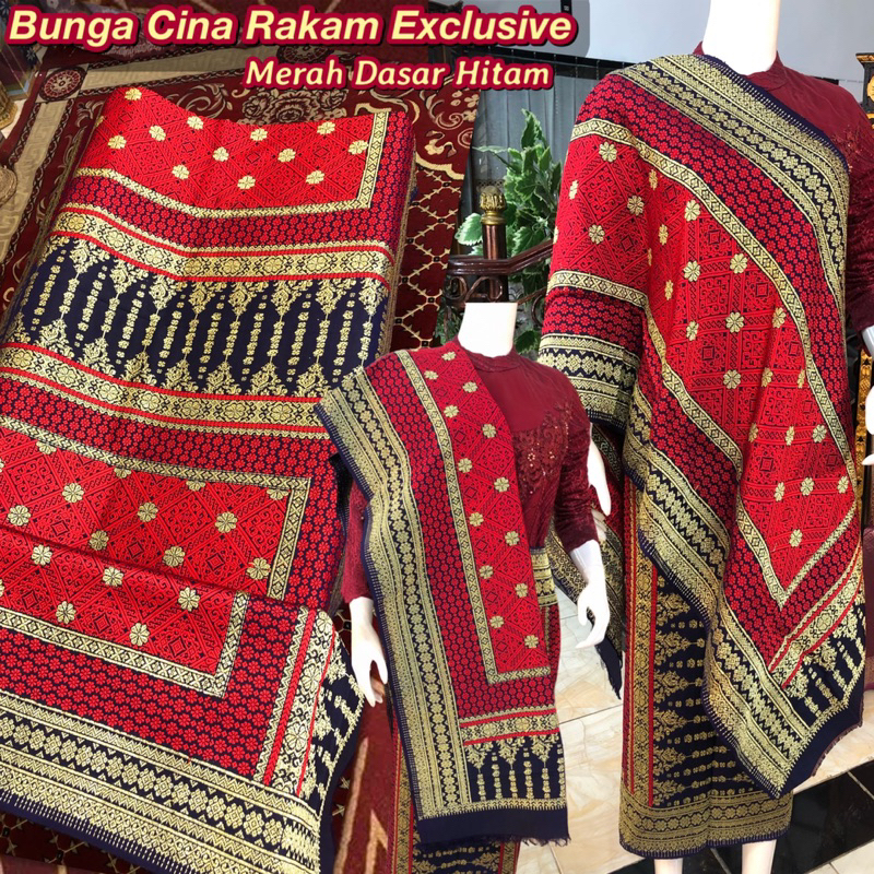 Jual Songket Bunga Cina Rakam Exclusive Ori Merah dasar Hitam / Songket Tenun Palembang asli ...