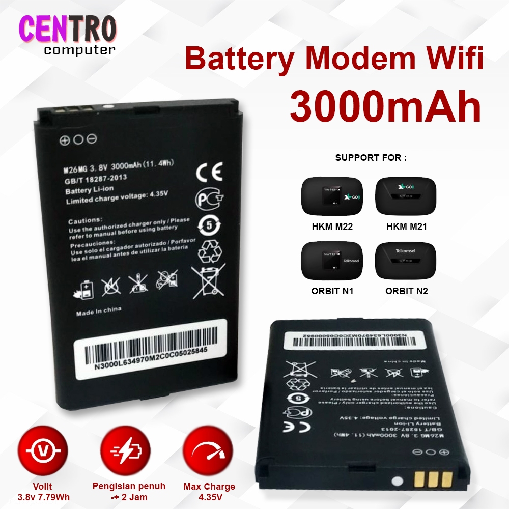 Jual Battery Modem Mifi 3000mAh HKM M21 M22 Orbit Mifi N1 / N2 Model ...