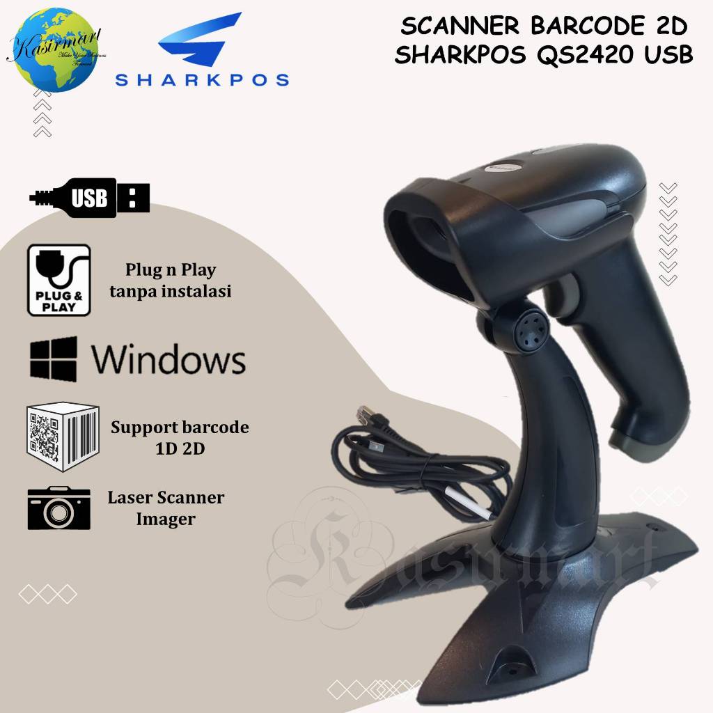 Jual Scanner Barcode 2D Sharkpos QS2420 USB Plus Stand Scan Barcode 1D ...
