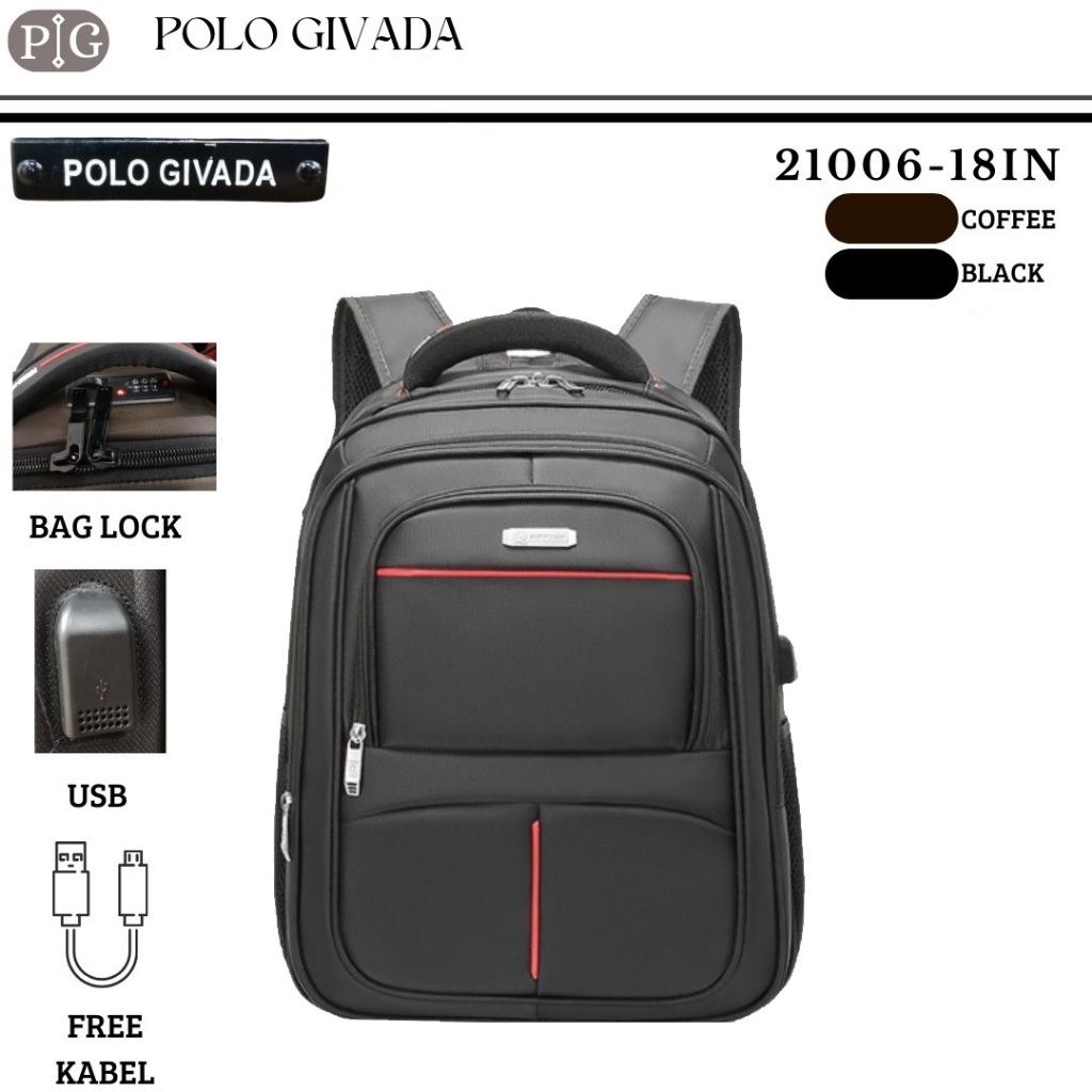 Jual Tas Ransel 18 Inci dengan USB Port dan Bag lock Kunci Tanam Polo ...