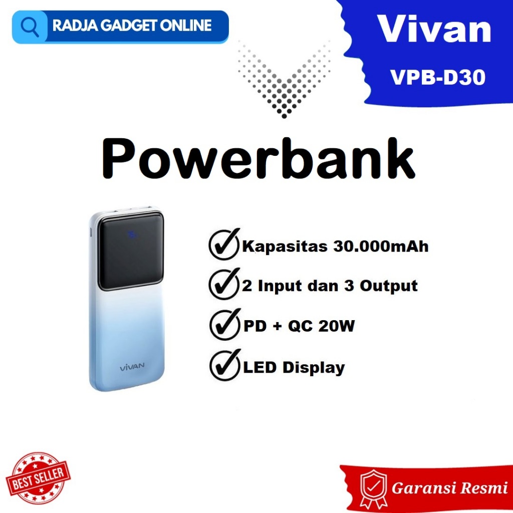 Jual Powerbank Vivan VPB-D30 30000mAh 3 Output USB Type-C 22.5W PD QC ...