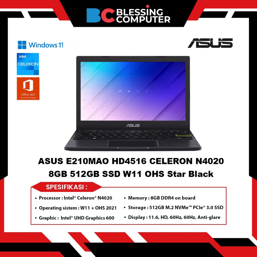 Jual ASUS E210MAO HD4516 CELERON N4020 8GB 512GB SSD W11 OHS Star Black ...
