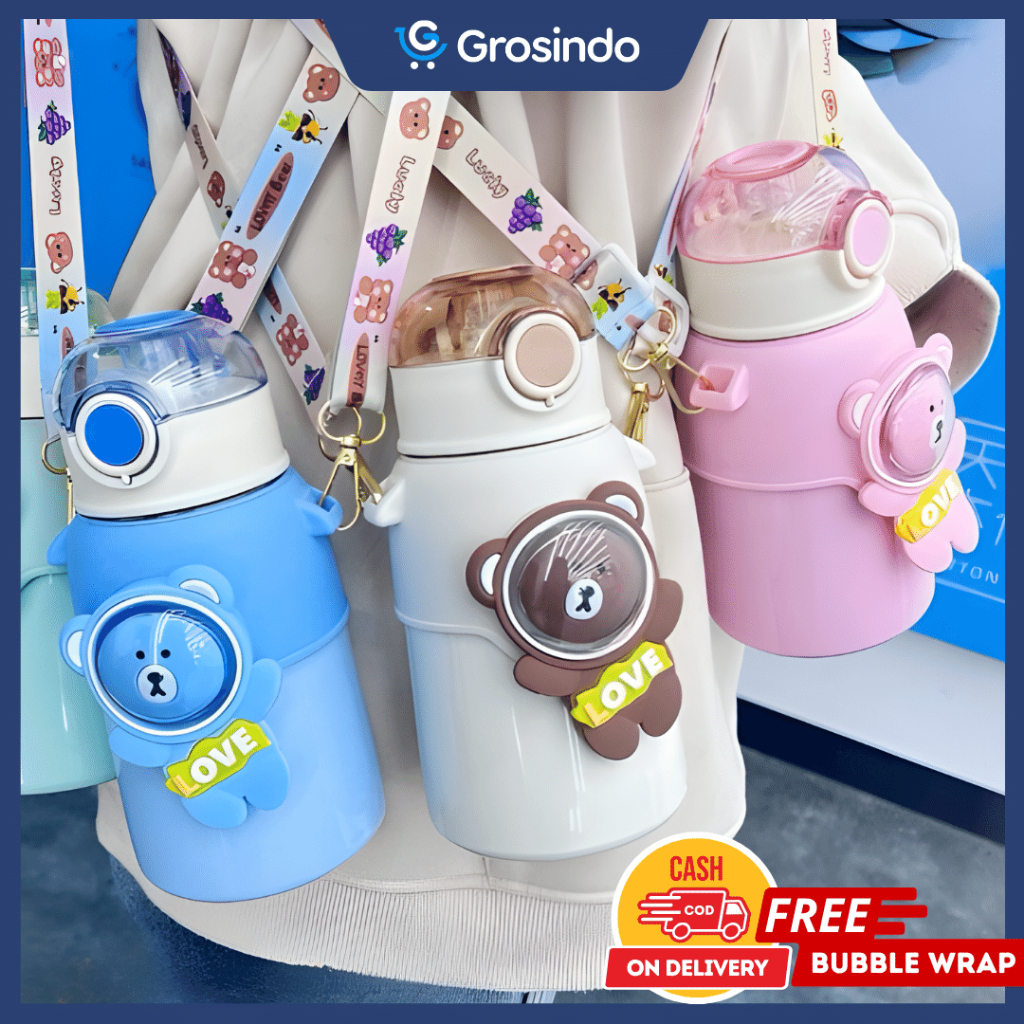 Jual Botol Minum Termos Anak Karakter 480ML Dengan Sedotan Dan Tali ...