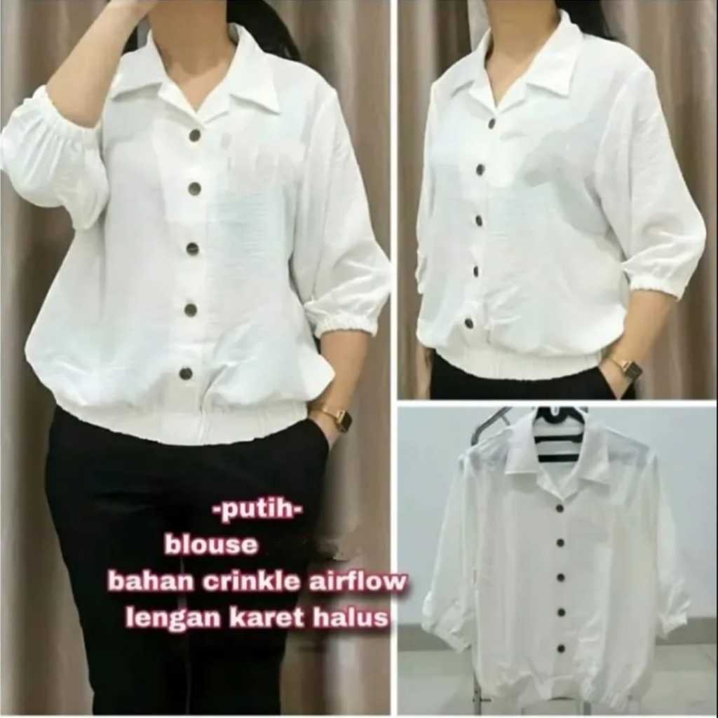 Jual atasan wanita polos blouse cringkle kancing atas tangan karet ...