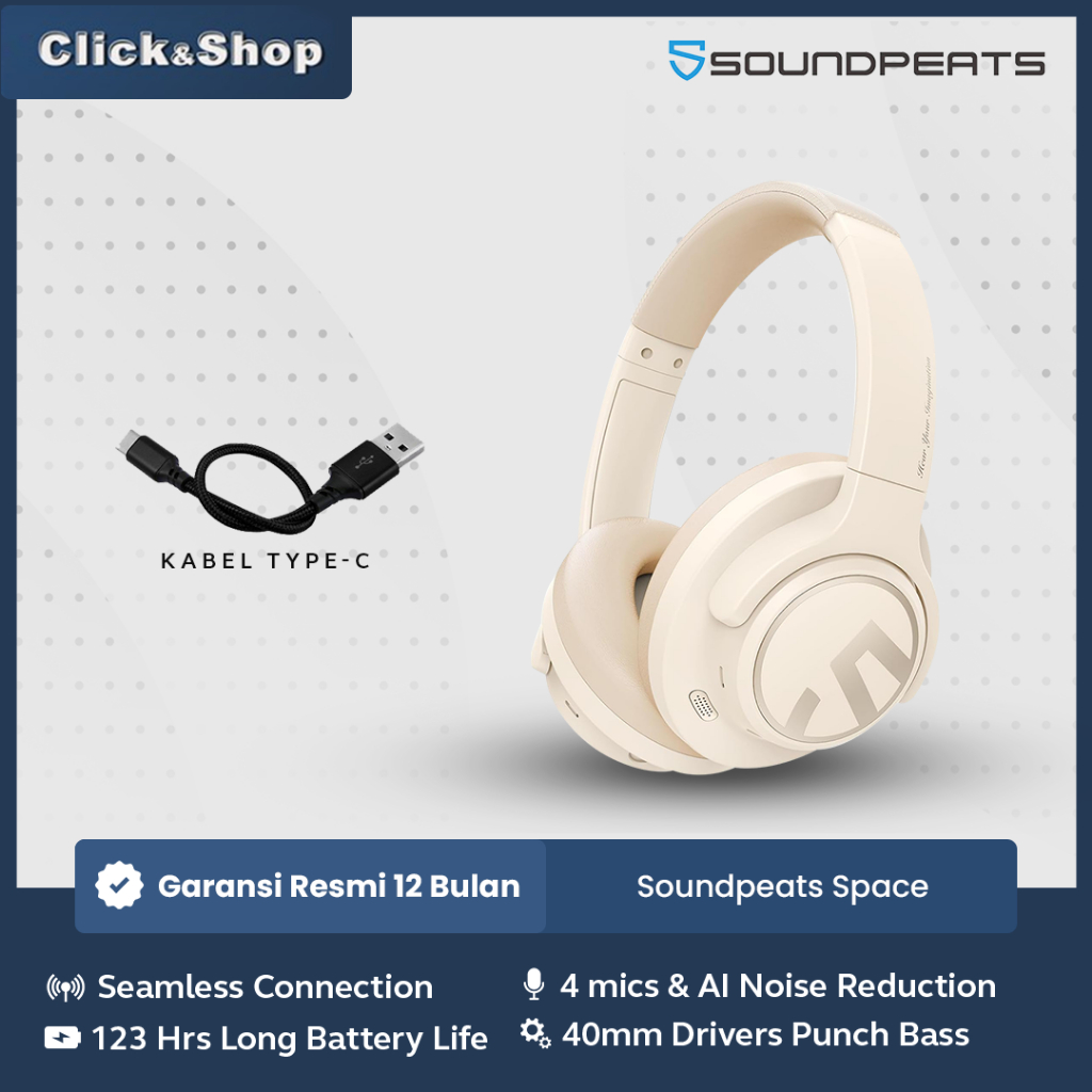 Jual SoundPEATS Space Hybrid ANC Wireless Over-Ear Headphone | Shopee ...