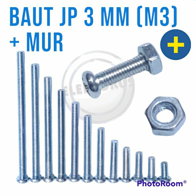 Jual Baut JP 3mm + Mur Sekrup M3 Drat Halus 3x6 3x8 3x10 3x12 3x15 3x20 3x25 3x30 3x35 3x40 3x45 ...