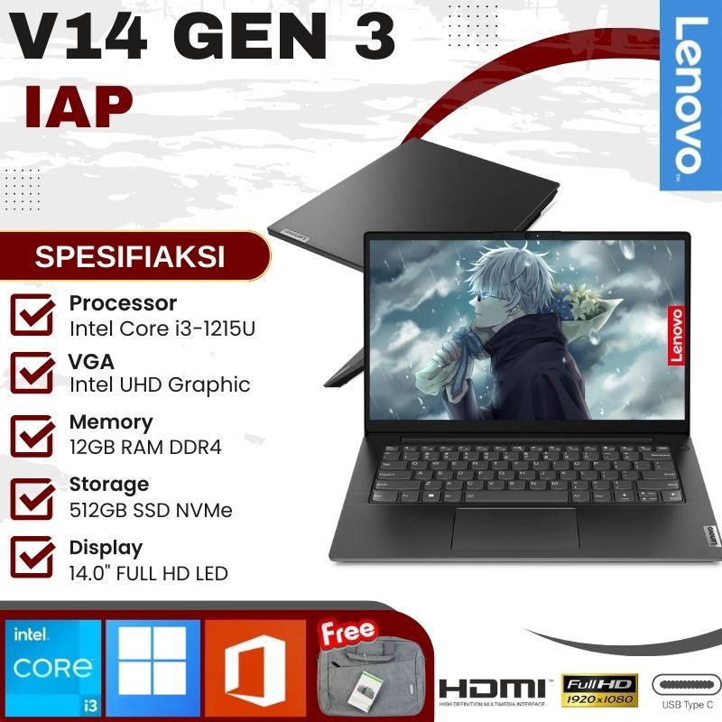 Jual LAPTOP LENOVO V14 G3 IAP INTEL I3 1215U RAM 12GB 512GB SSD WINDOWS + OFFICE 14" FHD BLACK ...