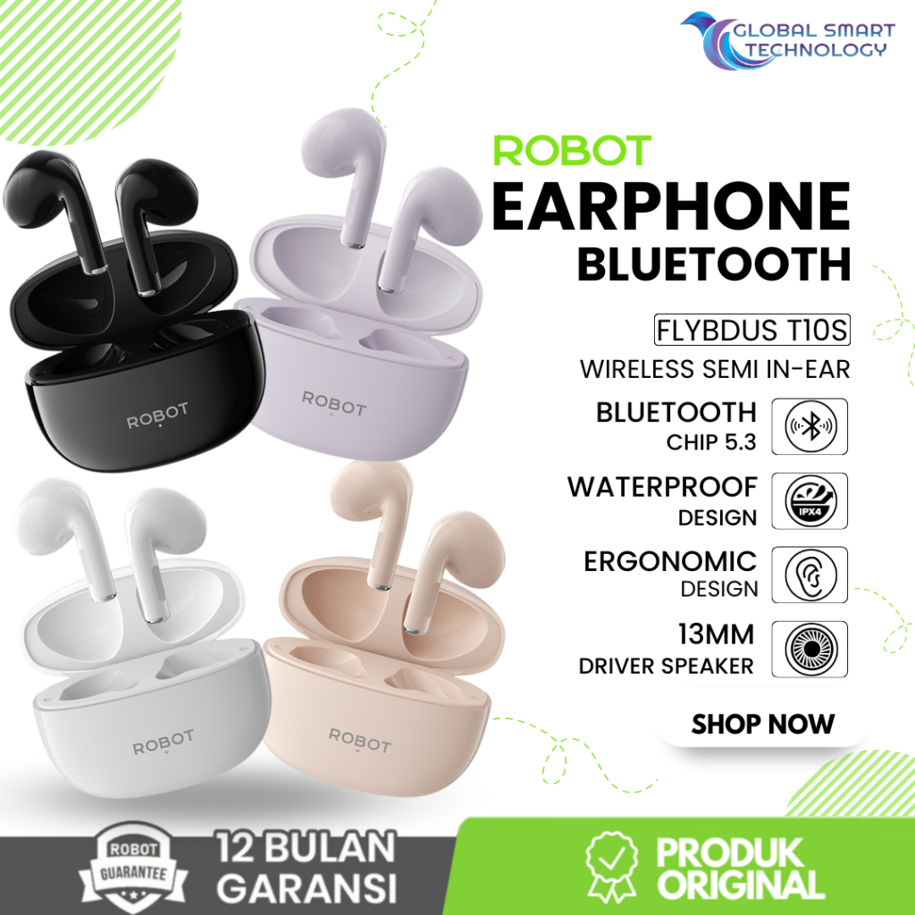 Jual ROBOT TWS Flybuds T10S Semi In Ear Wireless Earbuds Headset ...