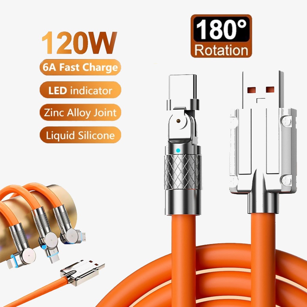 Jual Kabel Cas dan Data Fast Charging Rotasi 180 Derajat 120W 6A Micro ...