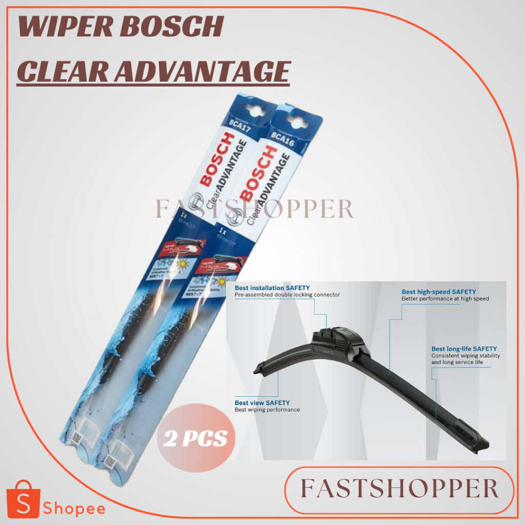 Jual WIPER MOBIL BOSCH CLEAR ADVANTAGE BCA 1 SET ISI 2 / WIPER BOSCH FRAMELESS SEMUA JENIS TYPE ...