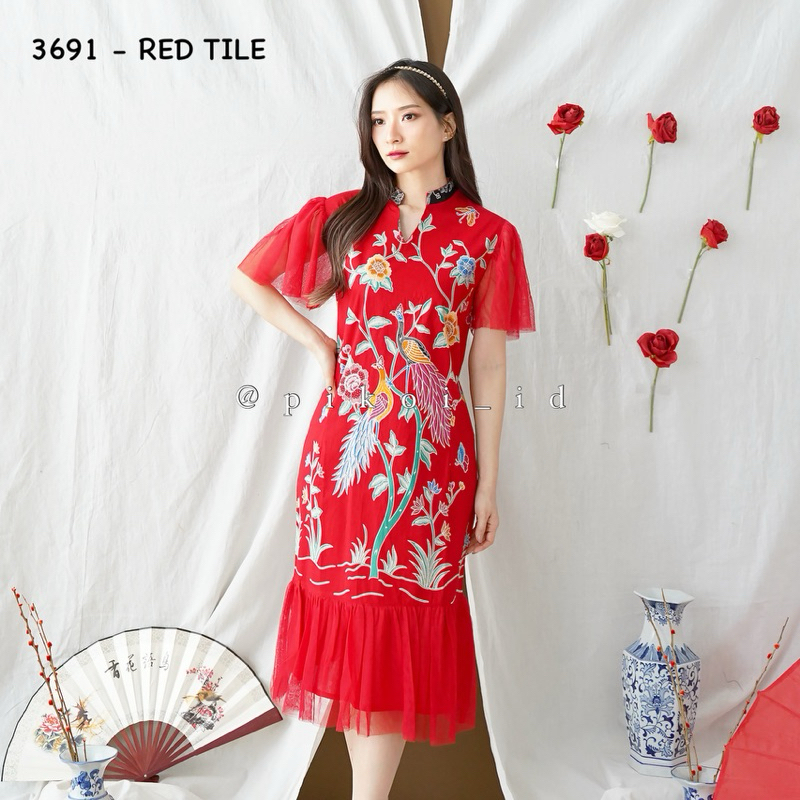 Jual Dress cheongsam merah CNY terbaru / Midi dress lace batik brukat ...