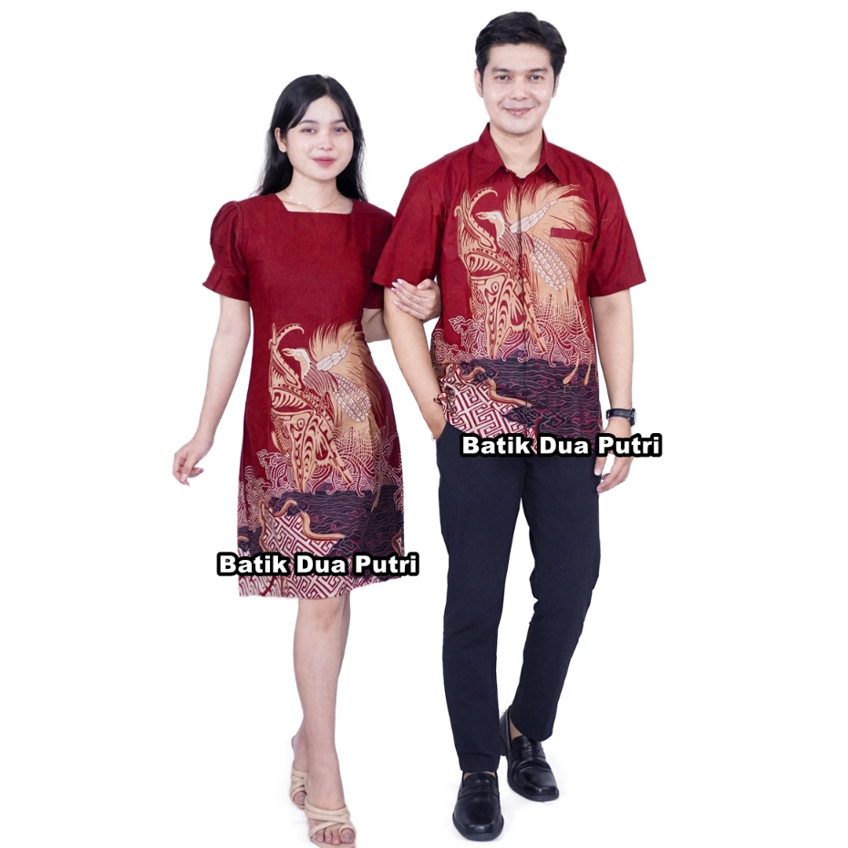 Jual Couple Batik Pria Wanita Warna Merah Maron Motif Burung Sku ...