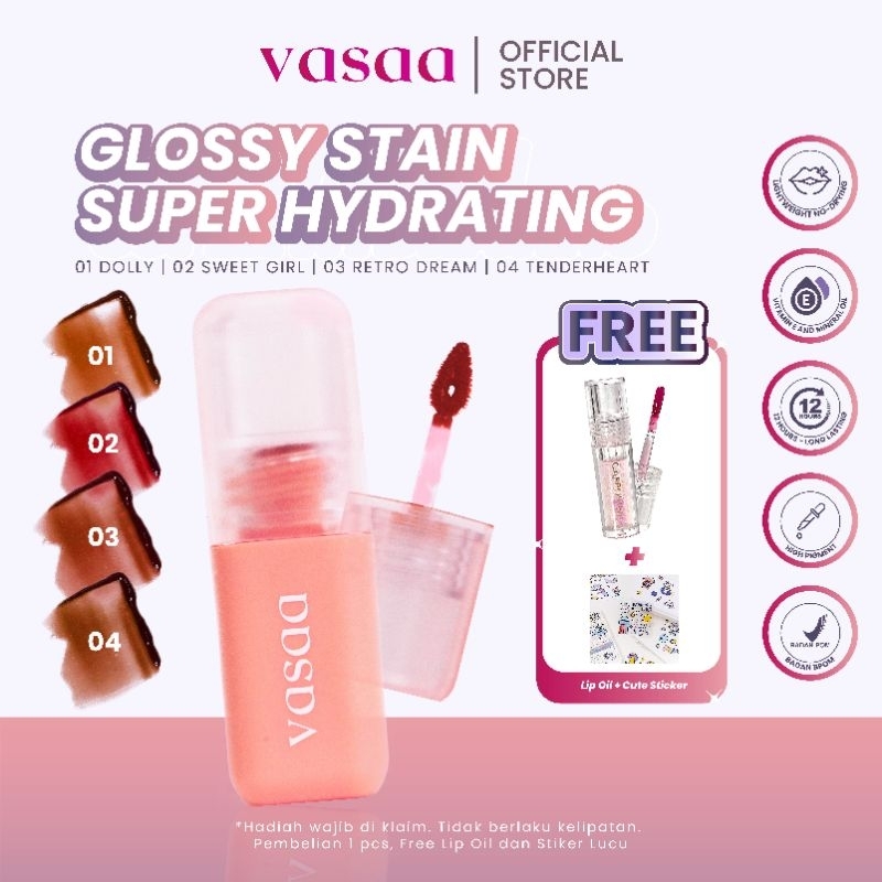 Jual [FREE GIFT] Vasaa Glossy Stain Liptint 3 g Gel Lip Tint Super ...