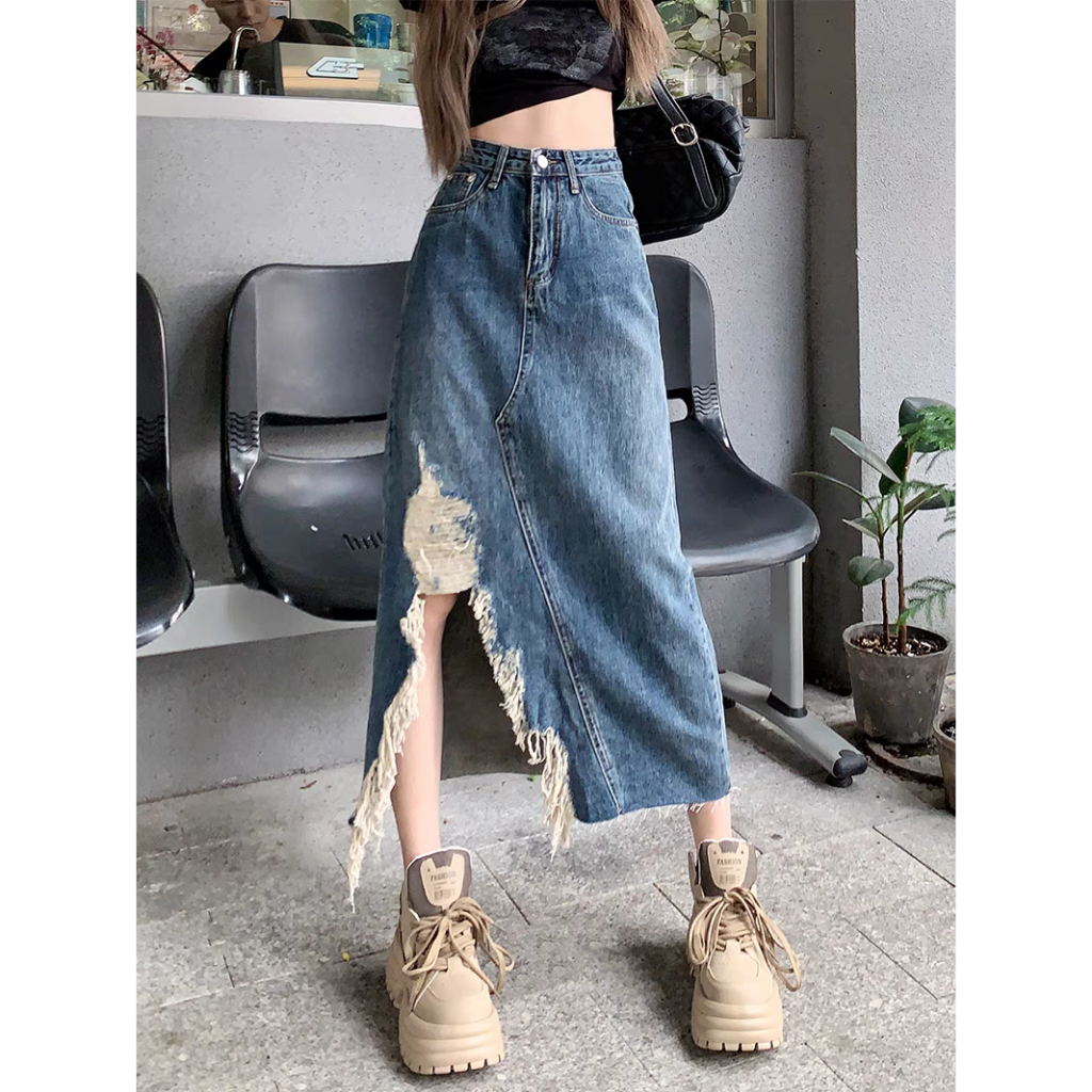 Jual Rok Jeans Panjang Rok Korean Style High Waist Rok Plisket Panjang ...