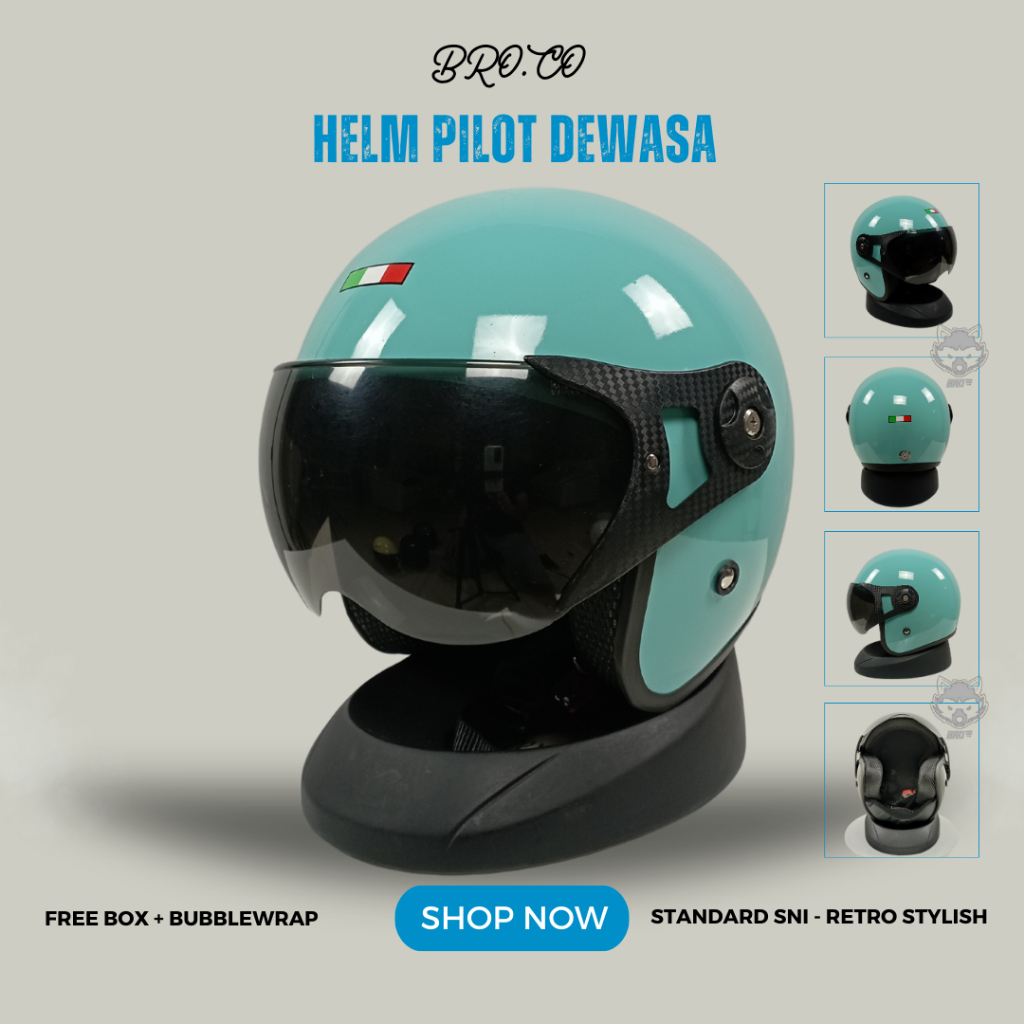 Jual HELM PILOT RETRO ITALY DEWASA HALF FACE GREEN HIJAU PASTEL TOSCA ...