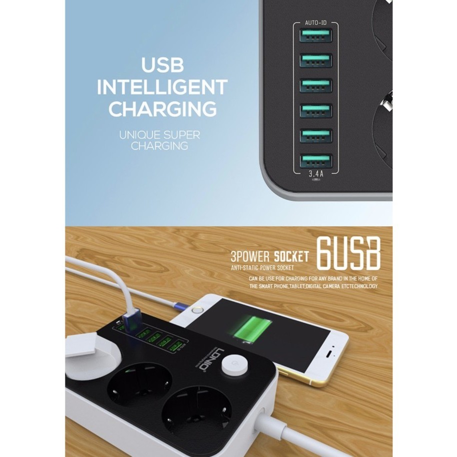 Jual Stop Kontak LDNIO SE3631 Dengan 3 Power Socket & 6 USB fast charging | Shopee Indonesia