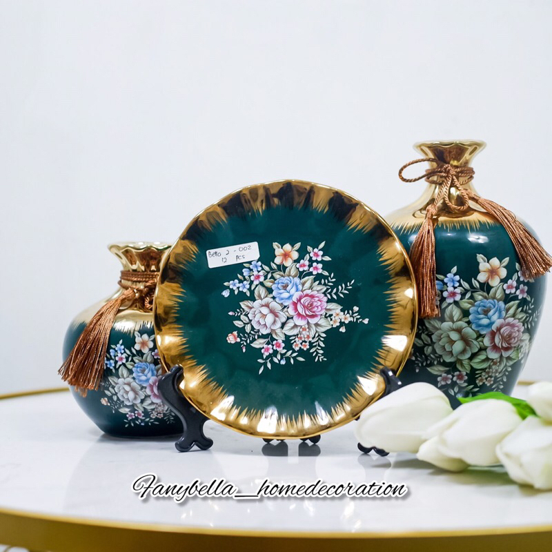 Jual Pajangan Meja Guci Piring Keramik Piring Satu Set hijau Emas Gold ...