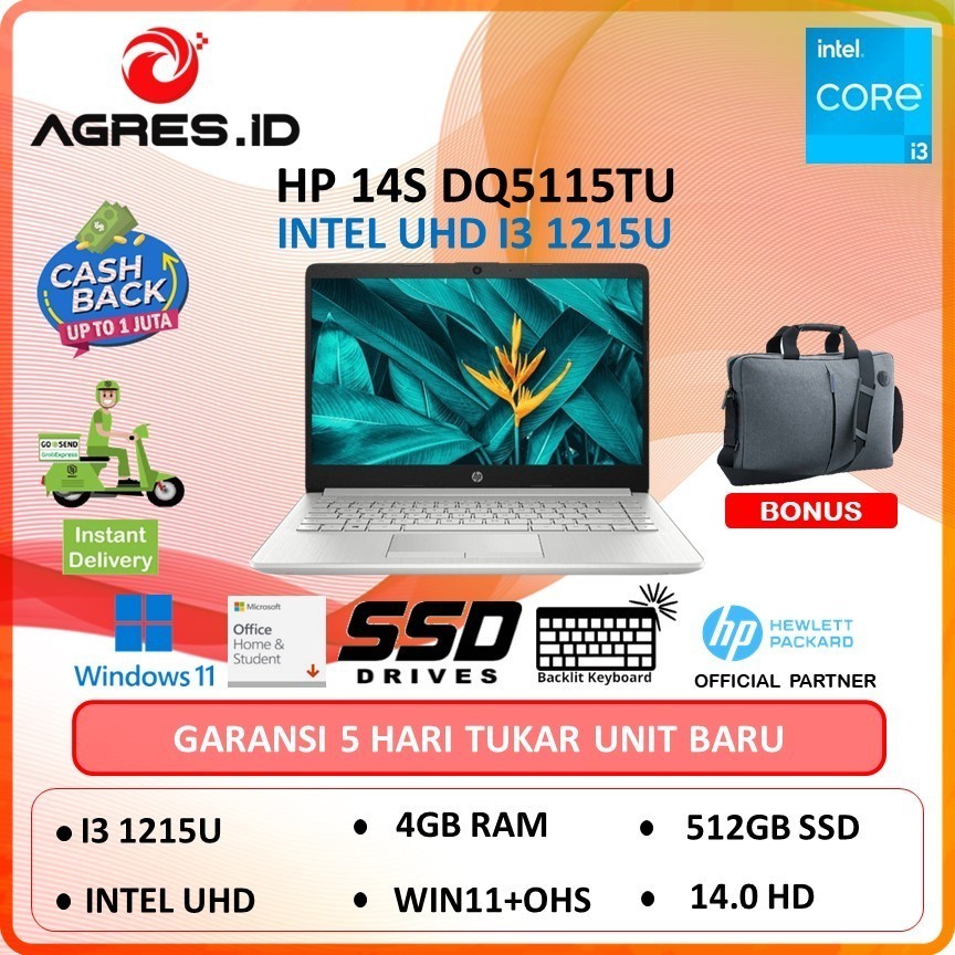 Jual HP 14S DQ5115TU I3 1215 4/8GB 512GB SSD W11+OHS 14.0FHD BACKLIT ...