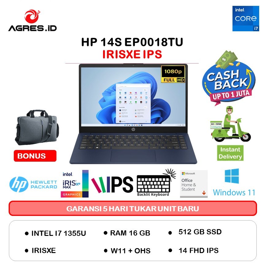Jual HP 14S EP0018TU Intel i7 1355U 16GB 512SSD IRISXE W11+OHS 14 FHD ...